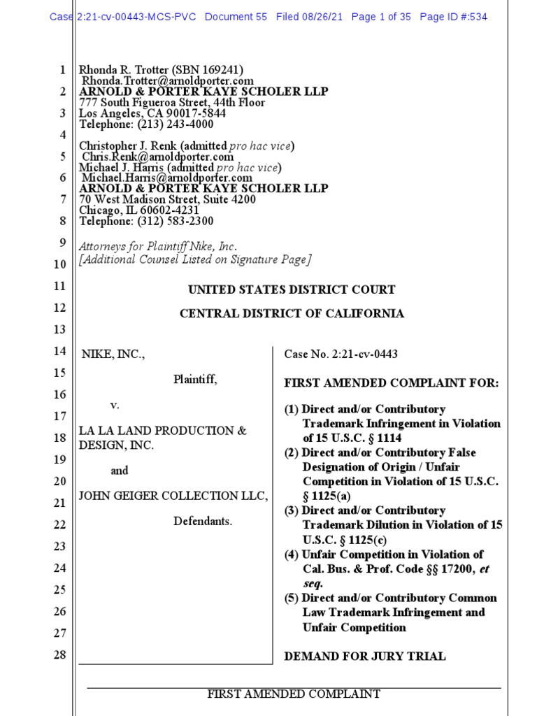 55 - First Amended Complaint (Nike V La La Land) | PDF | Nike | Sneakers