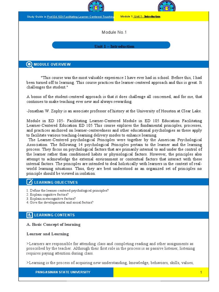 Learner Centered Principles Module 1 Unit 1 | PDF | Learning | Motivation