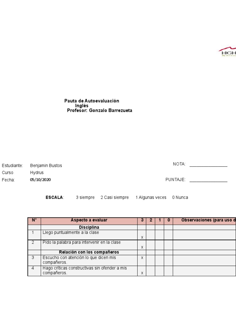 INGLÉS Pauta de Autoevaluación | PDF