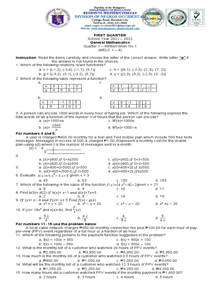 Gen Math Q1 Written Work No. 1 | PDF | Computing | Communication