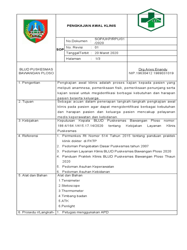 SOP Pengkajian Awal Klinis 2020 | PDF | Kesehatan Holistik | Sains & Matematika
