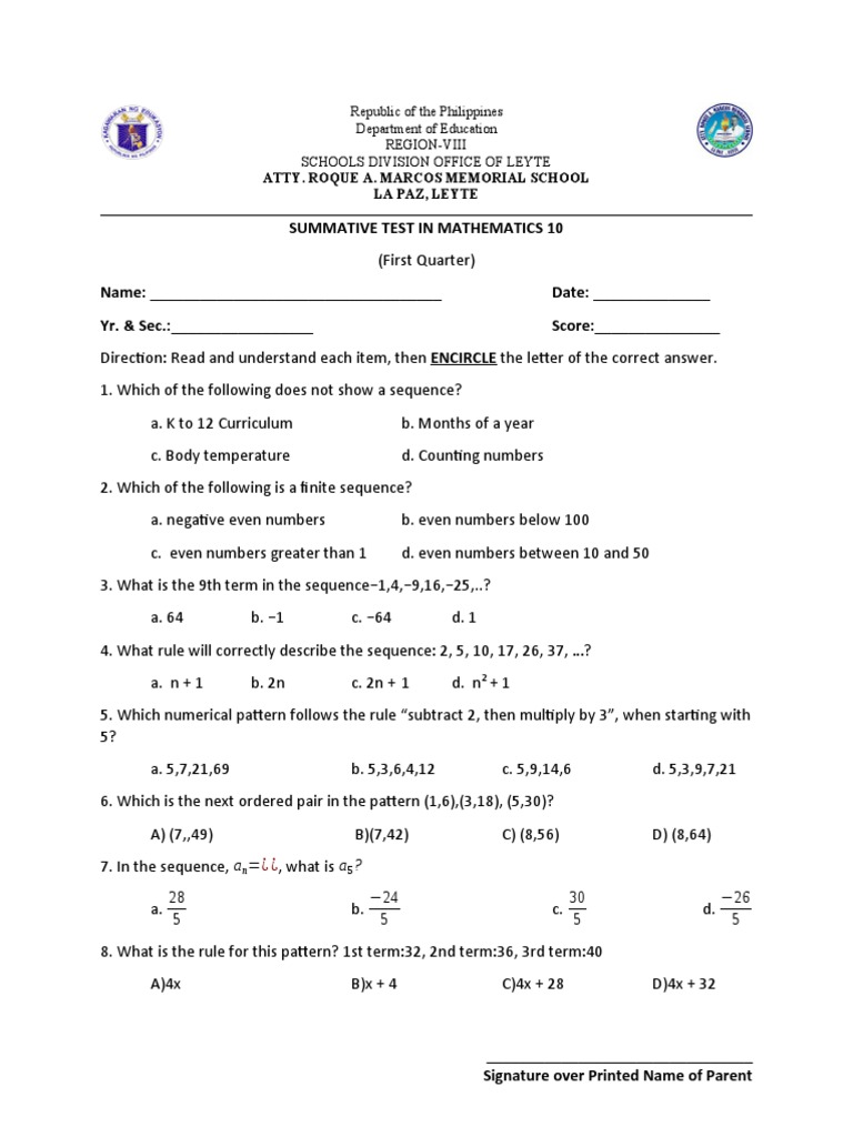 Summative Test in First Quarter Math 10 | PDF | Mathematics | Arithmetic