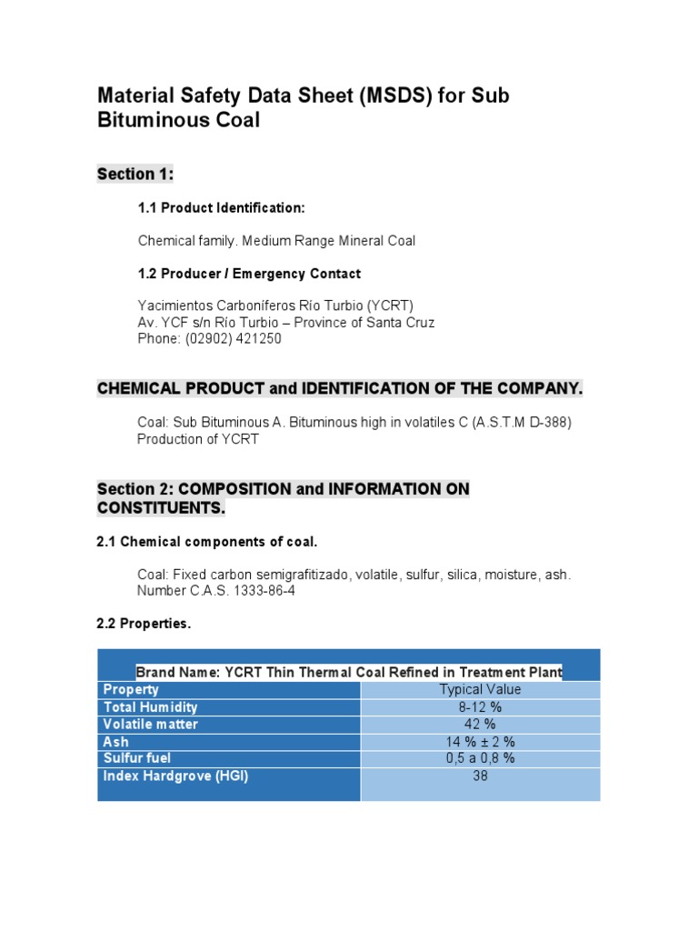 Material Safety Data Sheet (MSDS) For Sub Bituminous Coal: Section 1 ...