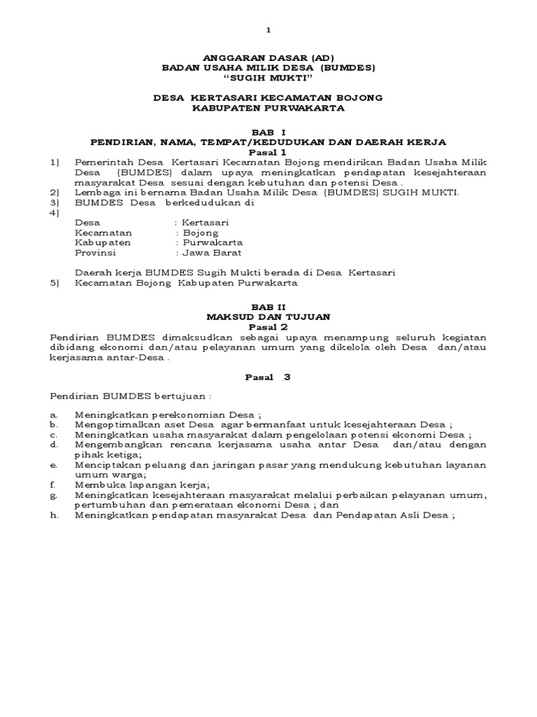 Anggaran Dasar BUMDes | PDF
