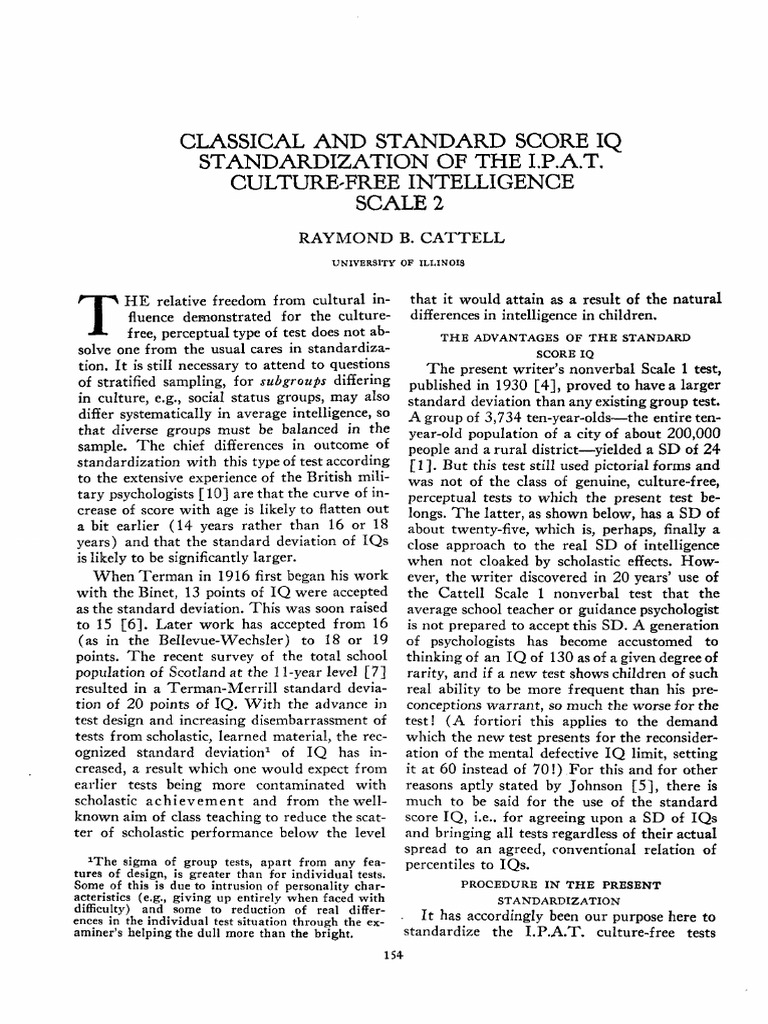 Classical and Standard Score Iq Standardization of The I.P.A.T. Culture ...