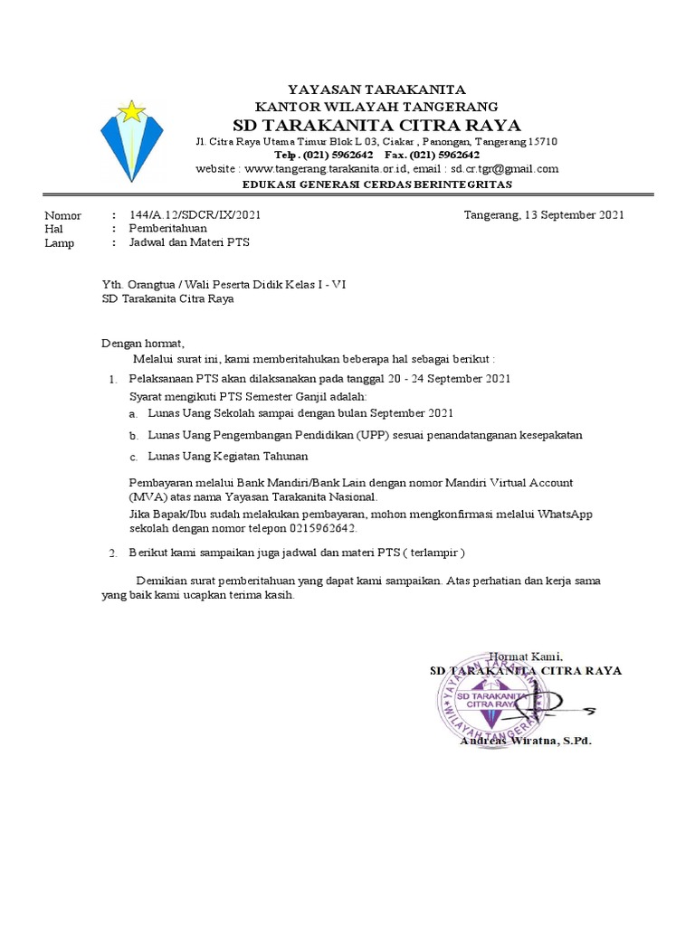 Surat Edaran PTS Kelas II | PDF