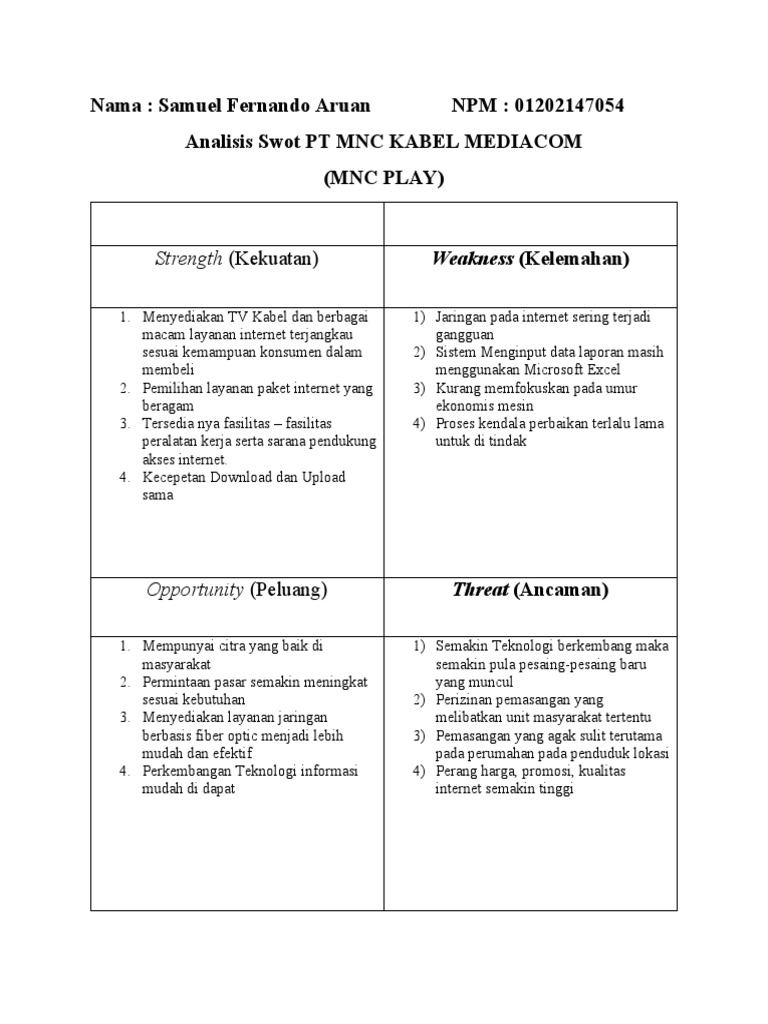 Analisis SWOT PT MNC Kabel Mediacom | PDF | Teknologi & Rekayasa
