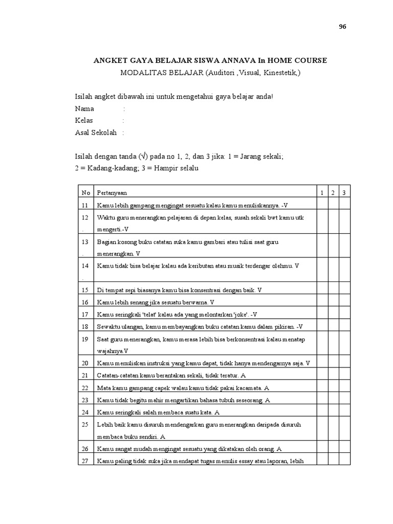 Angket Gaya Belajar Siswa ANNAVA Les PRIVAT | PDF