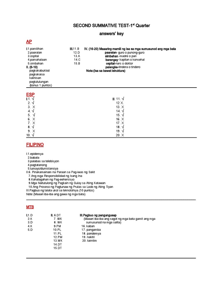 SECOND SUMMATIVE TEST-Answers' Key - Docx Version 1 | PDF