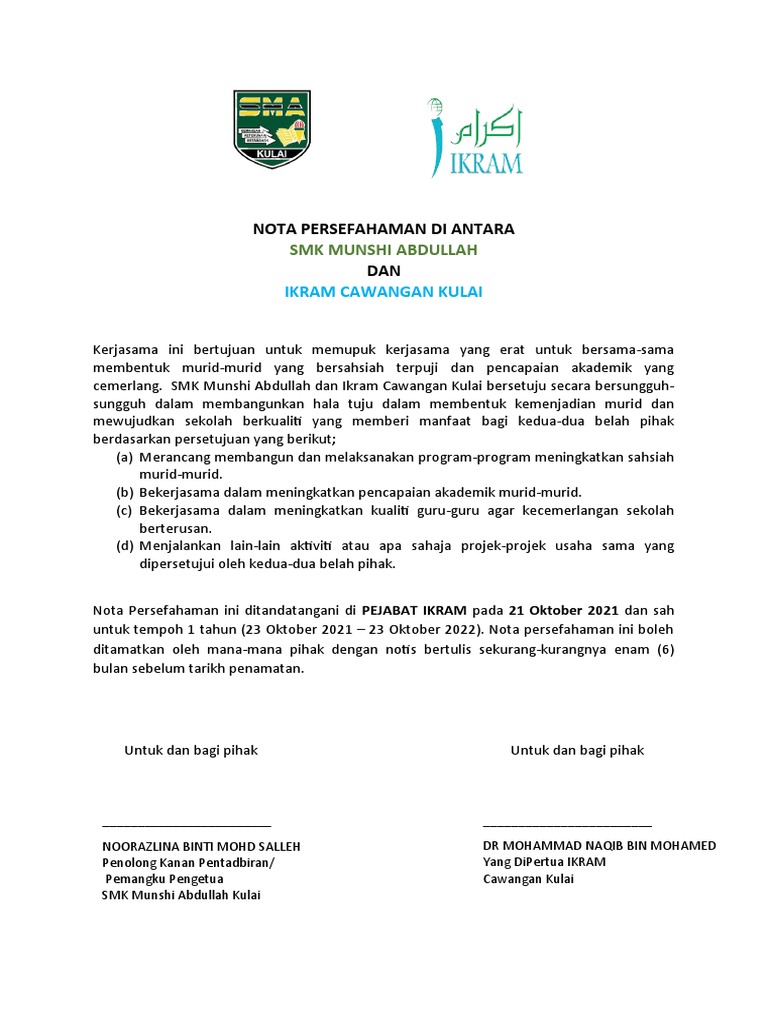 Contoh Nota Persefahaman Bersama Ikram | PDF