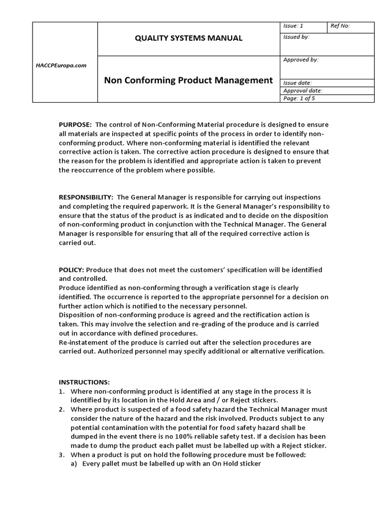 Non Conforming Product Management: Quality Systems Manual | PDF ...