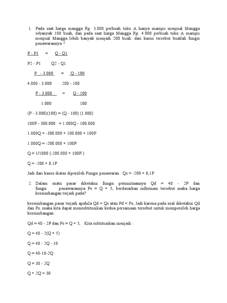 Soal Dan Pembahasan Fungsi Permintaan, Penawaran, Keseimbangan Pasar | PDF