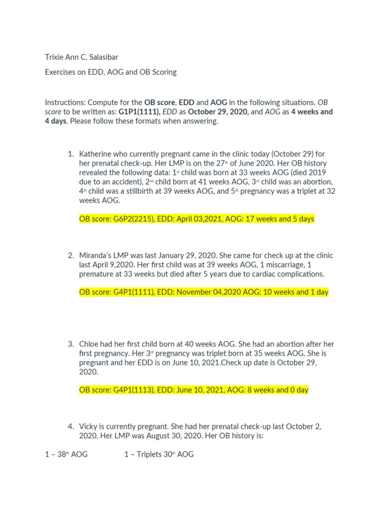 Score To Be Written As: G1P1 (1111), EDD As October 29, 2020, and AOG ...