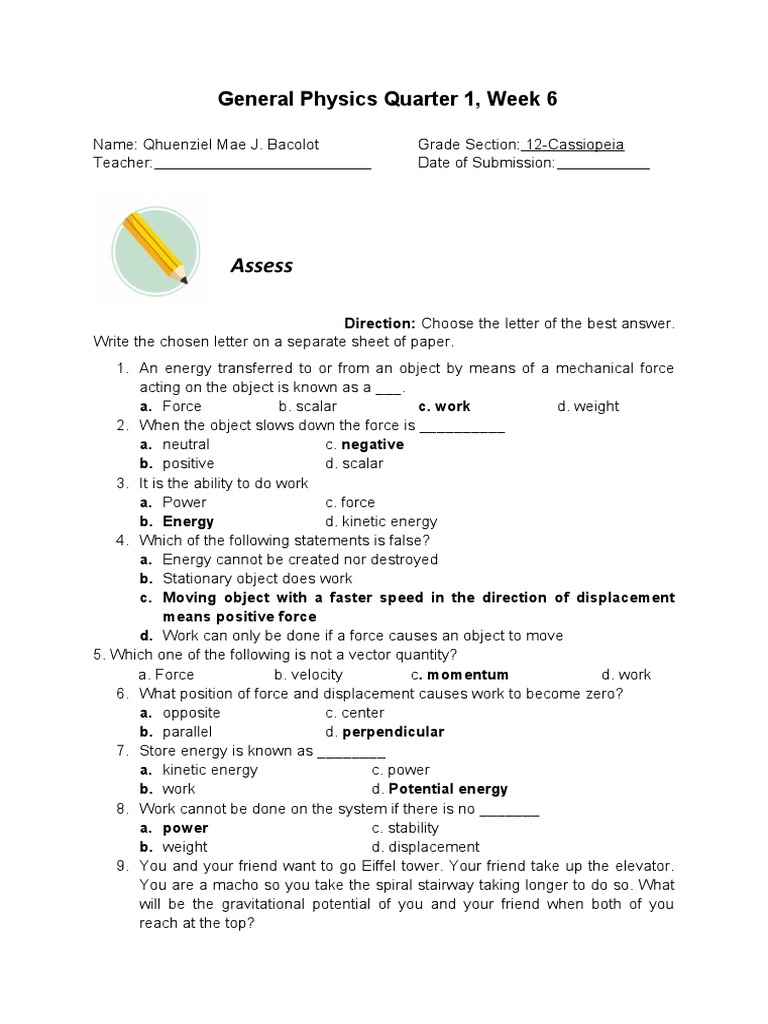 Physics Quiz: Work and Energy Concepts | PDF | Force | Potential Energy