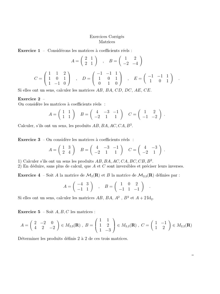 Exercices Corrigés Sur Les Matrices | PDF | Algèbre générale ...