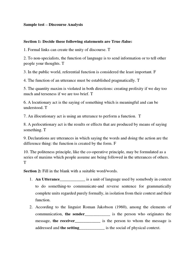 Discourse Analysis Sample Test | PDF | Human Communication | Communication