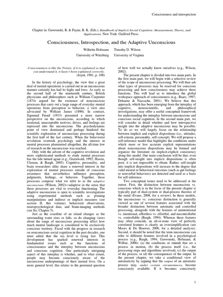 The Adaptive Unconscious: Evidence for Unconscious Processing and the ...