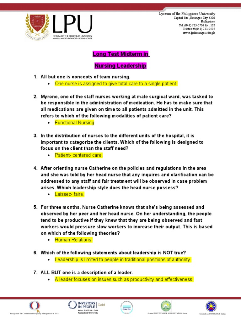 Long Test | PDF | Leadership | Nursing
