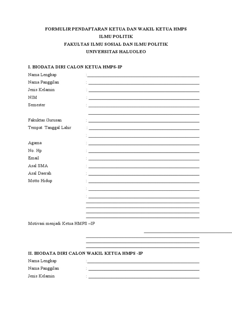 Formulir Pendaftaran Ketua Dan Wakil Ketua Hmps-Ip 2021 | PDF | Karier & Perkembangan | Bisnis