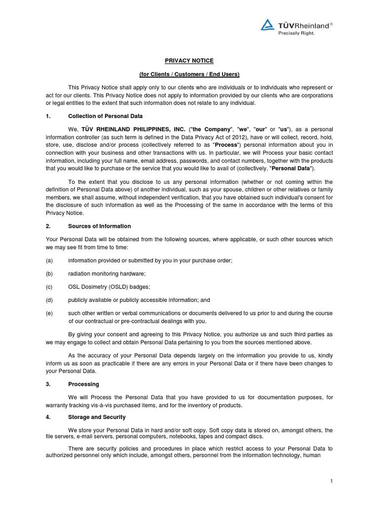 TUV Privacy Notice and Consent OSL Clients | PDF | Privacy | Information