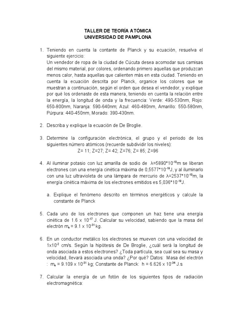 Taller Teoria Atomica | PDF | Electrón | Ligero