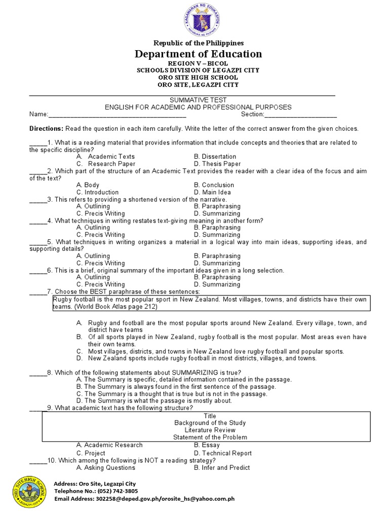 Summative Exam EAPP 1st Quarter2021 | PDF | Concept | Thesis
