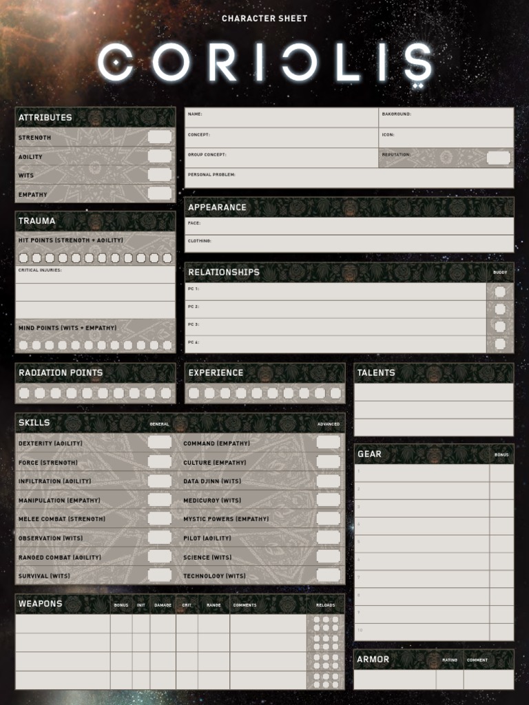 Coriolis - Character Sheet | Download Free PDF | Leisure Activities | Adventure Games