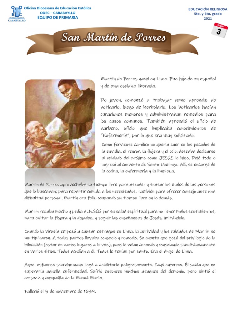 Fichas de San Martín de Porres para Niños | PDF