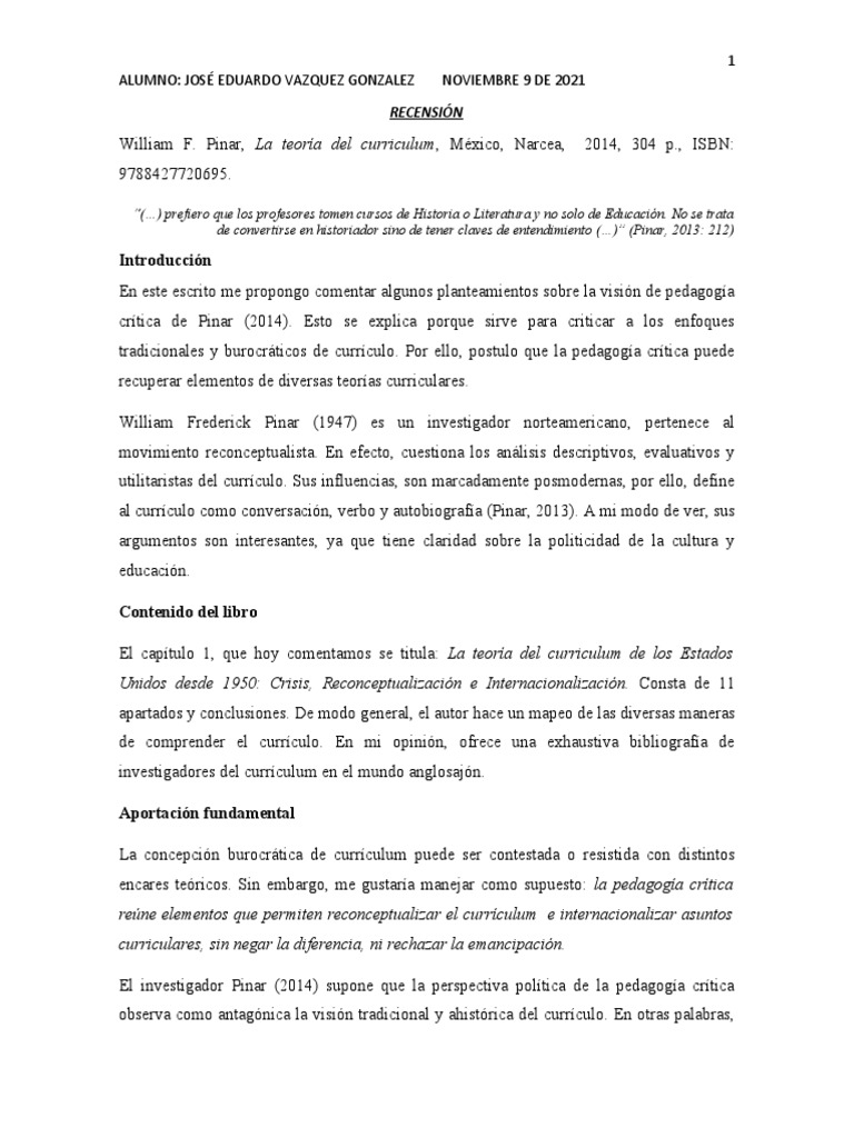 William F. Pinar, La Teoría Del Curriculum | PDF | Plan de estudios ...
