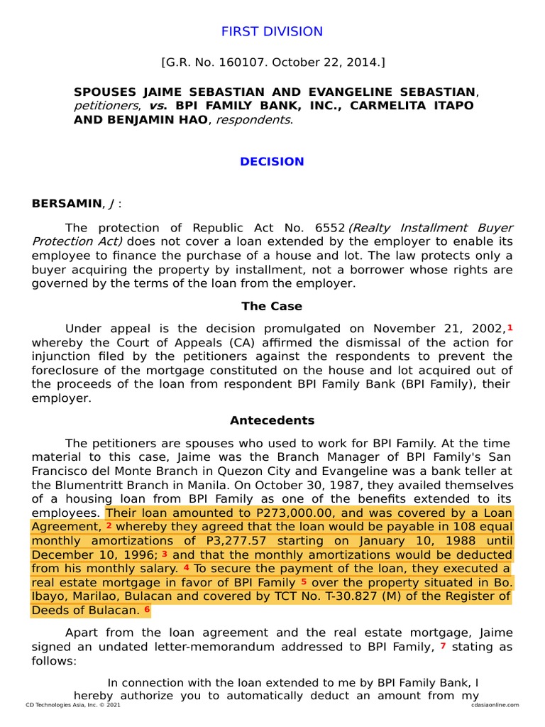 Foreclosure Case: Spouses vs. BPI Family Bank | PDF | Foreclosure ...