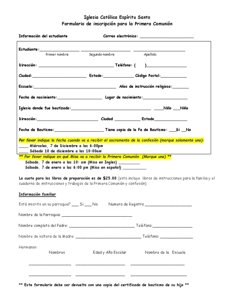Spanish First Comunion Registration Form | PDF