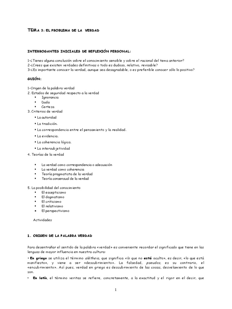 Tema 3 El Problema de La Verdad | PDF | Verdad | Conocimiento