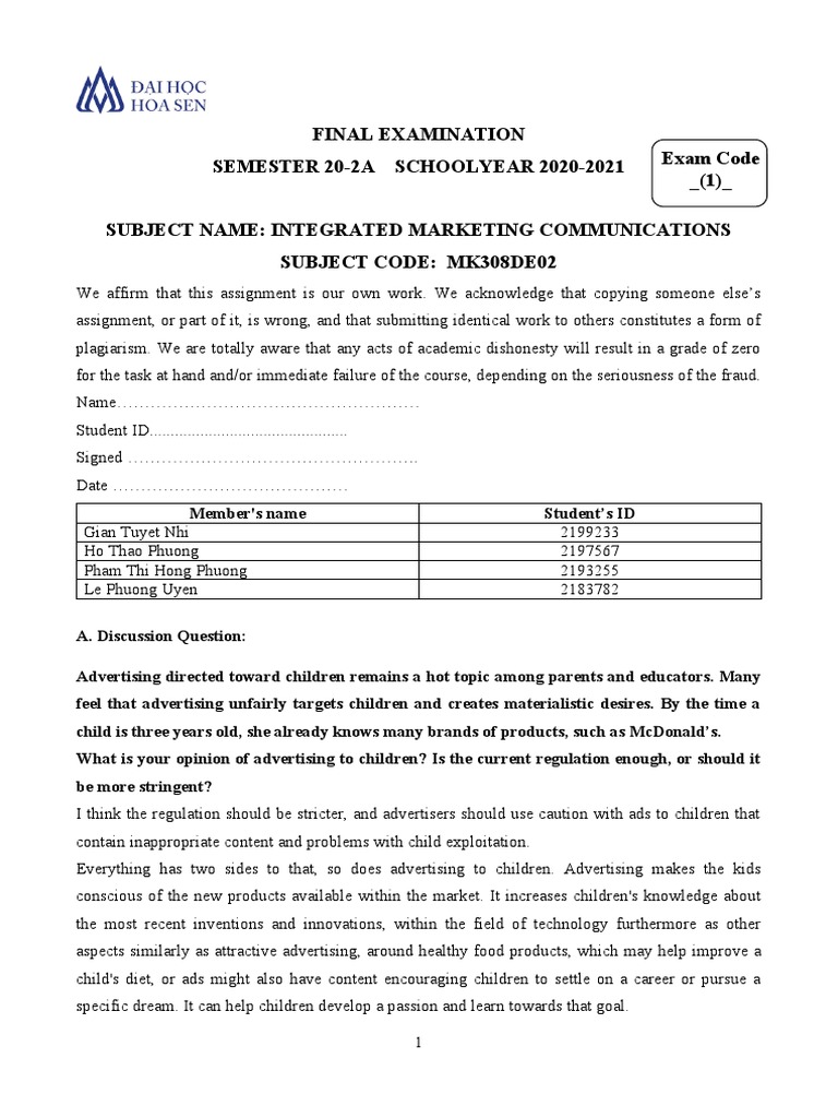 Final Examination SEMESTER 20-2A SCHOOLYEAR 2020-2021 Exam Code - (1 ...