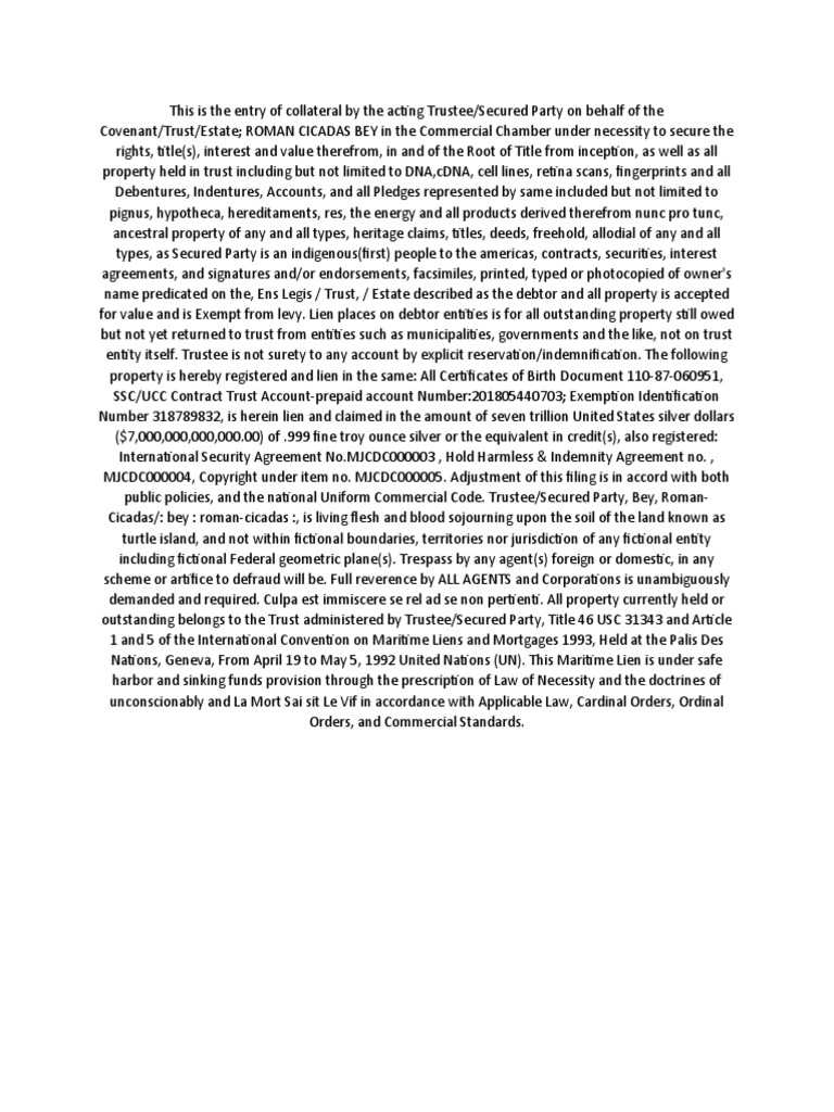 Entry of Collateral by The Acting Trustee Secured Party | PDF | Trustee ...