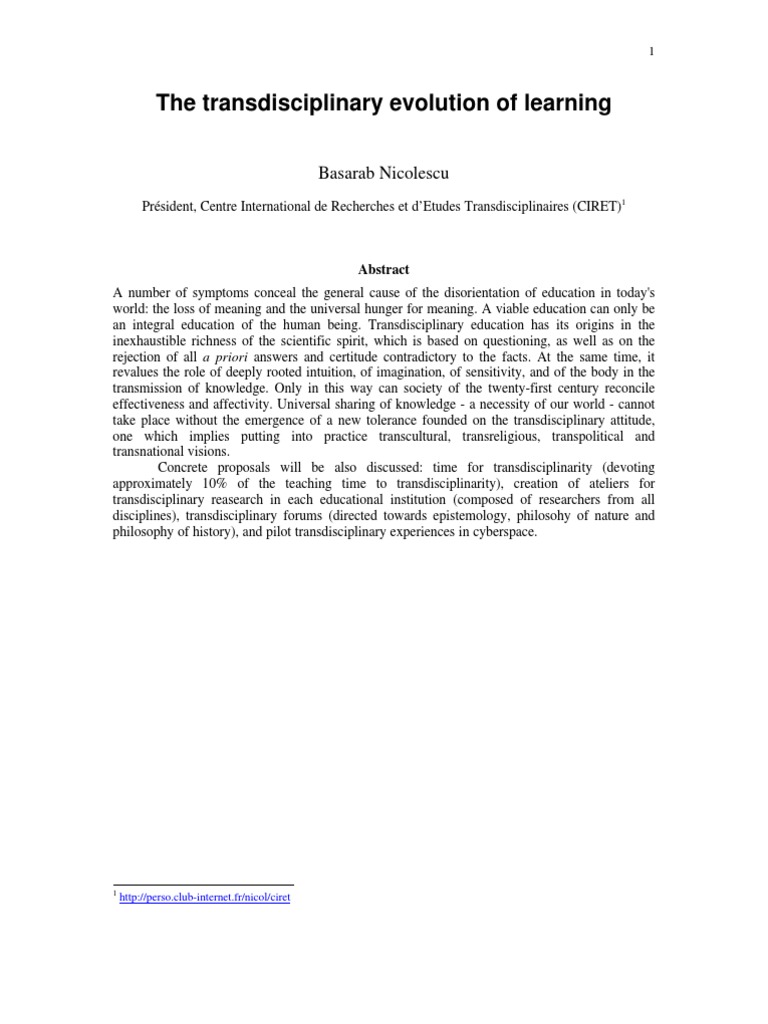 The Transdisciplinary Evolution of Learning: Basarab Nicolescu | PDF | Interdisciplinarity ...