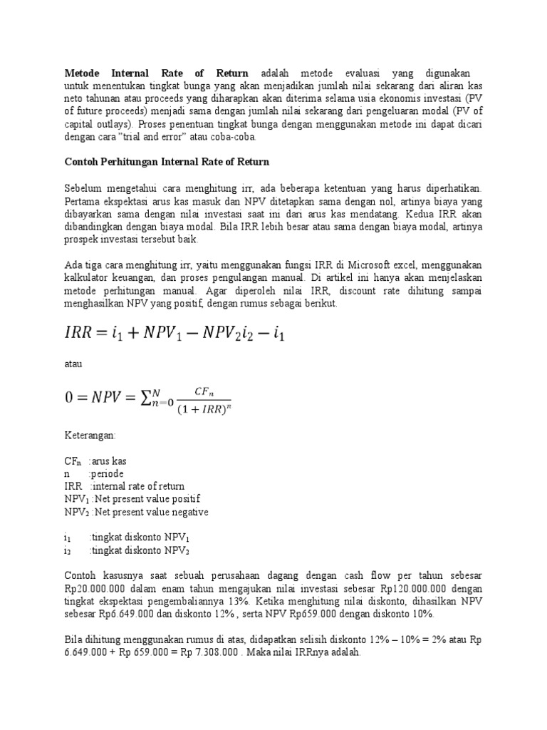 Metode Internal Rate of Return Adalah Metode Evaluasi Yang Digunakan | PDF
