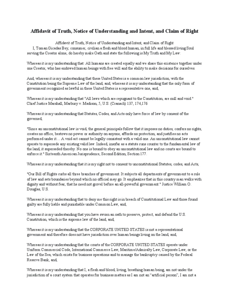 Affidavit of Truth, Notice of Understanding and Intent, and Claim of ...
