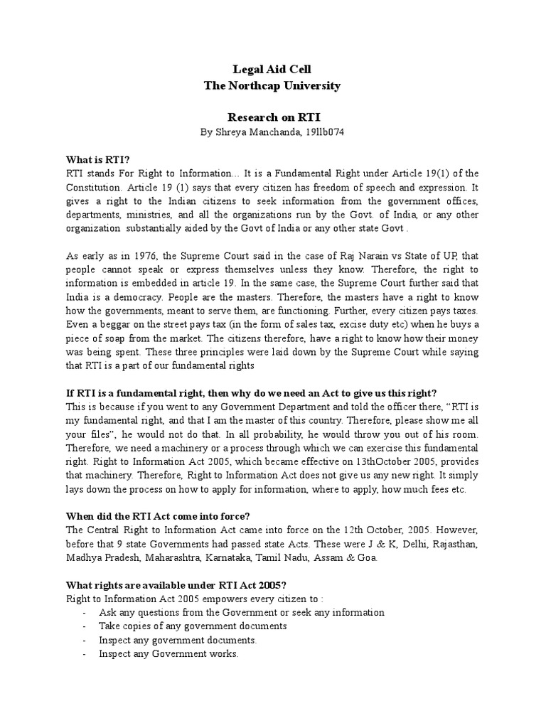 Legal Aid Cell The Northcap University Research On RTI | PDF | Justice ...