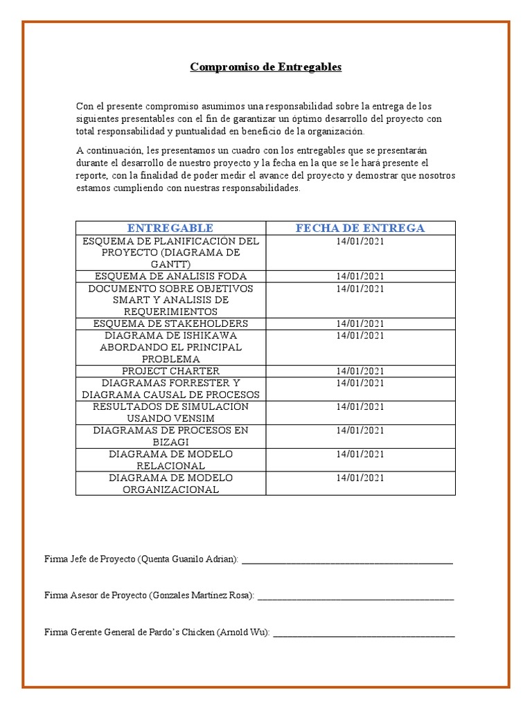 Compromiso de Entregables PARDO'S CHICKEN | PDF