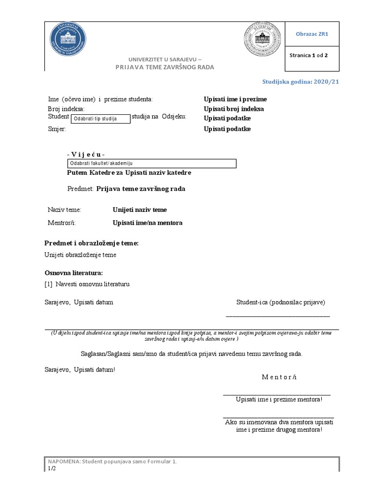 Obrazac ZR1 | PDF