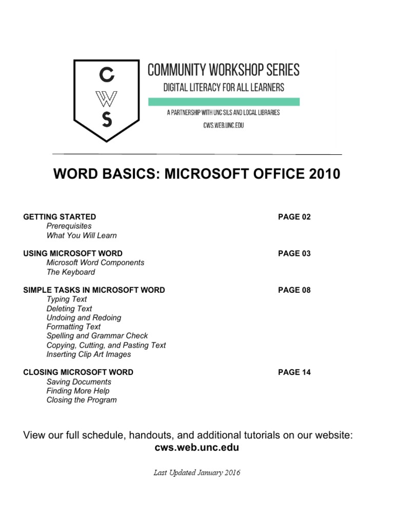 Word Basics: Microsoft Office 2010: View Our Full Schedule, Handouts ...