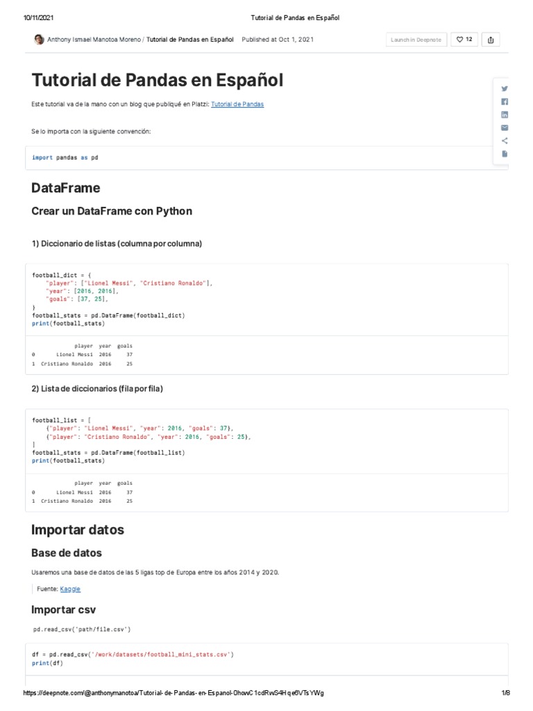 Tutorial de Pandas en Español | PDF | Asociación de clubes de fútbol ...