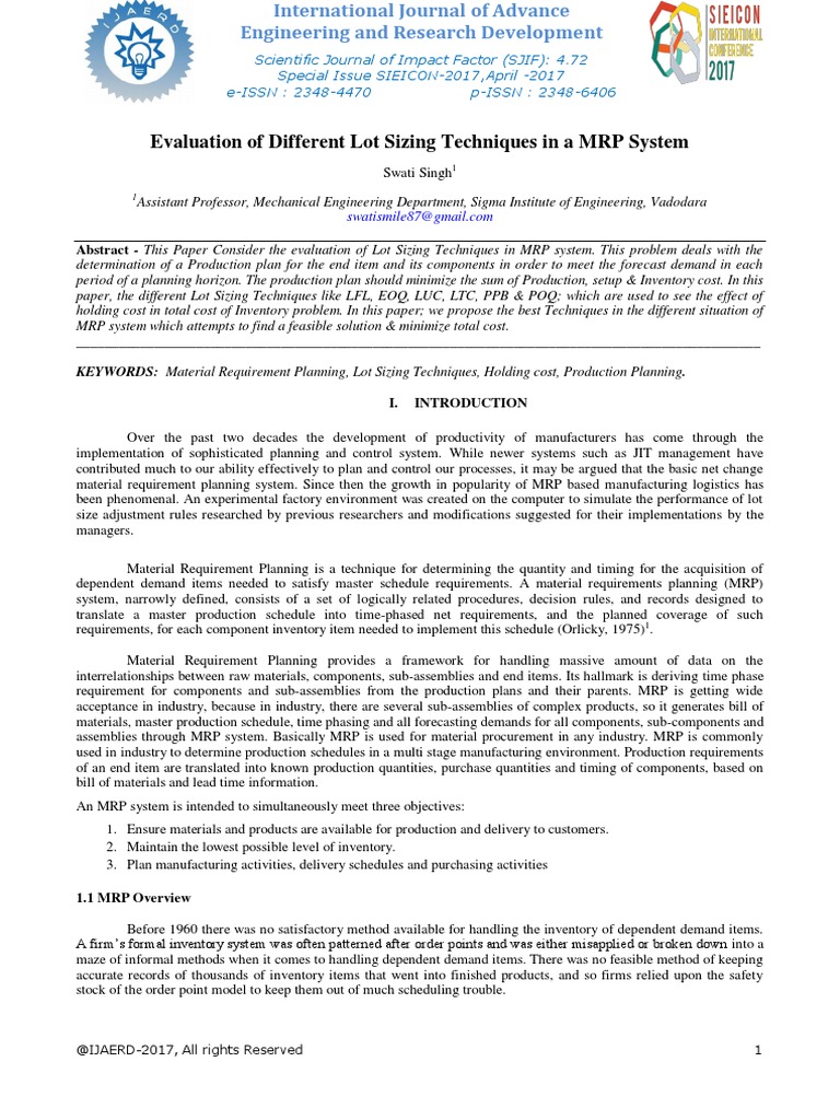 Evaluation of Different Lot Sizing Techniques in A MRP System - Swati ...