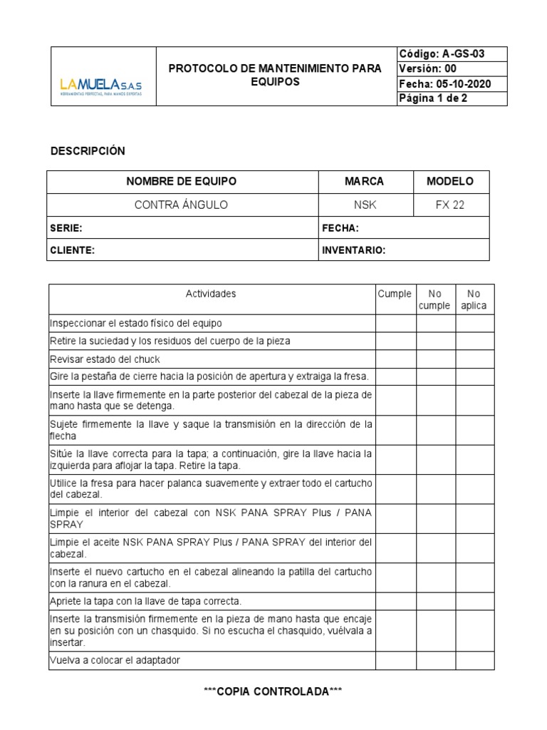 Protocolo de Mantenimiento Preventivo Contra Ángulo Fx22 | PDF