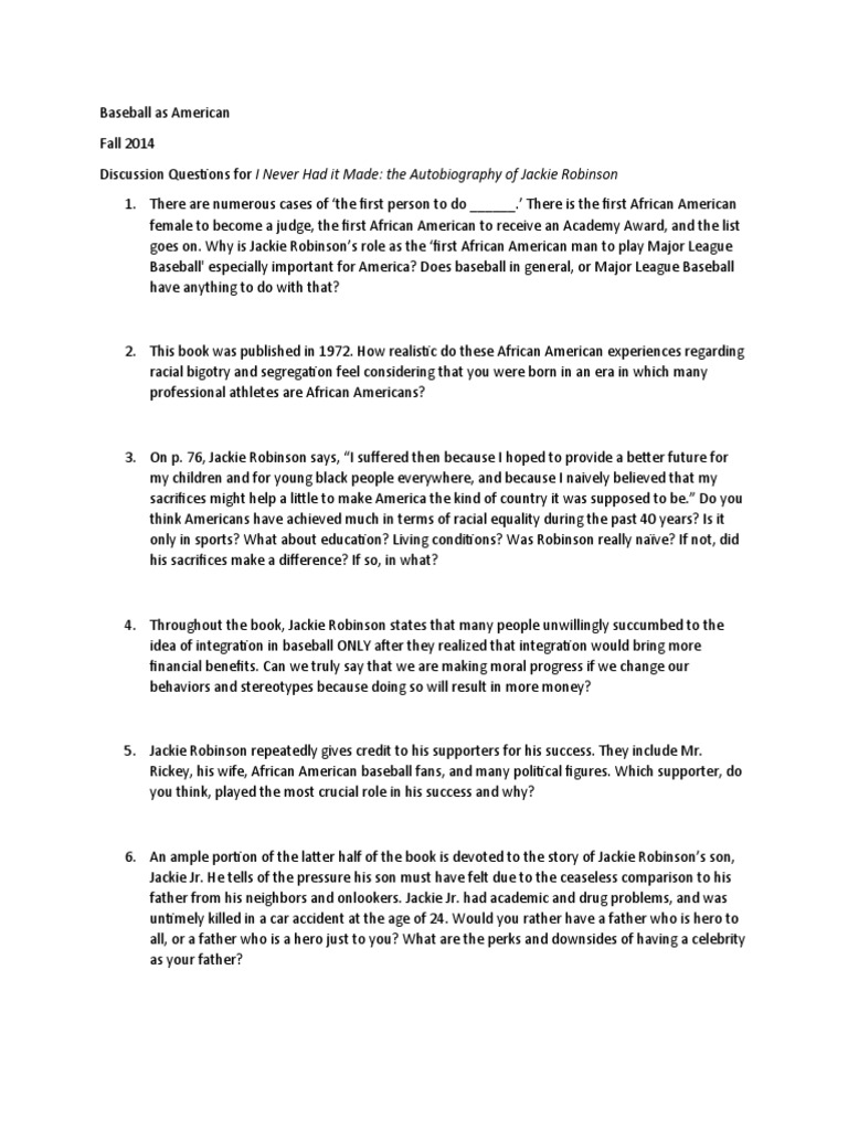 Discussion Questions For Jackie Robinson | PDF | Jackie Robinson