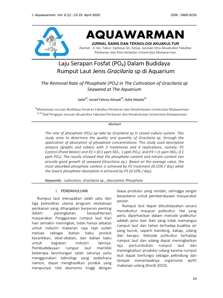 24-35. Sabil, I.F. Almadi, A. Maidie. 2020.laju Serapan Fosfat - PO4 - Dalam Budidaya Gracilaria ...