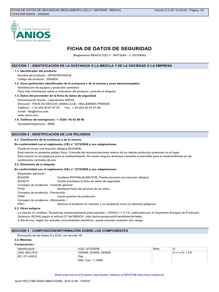 Ficha de Datos de Seguridad Opaster Anios | PDF | Residuos | Química