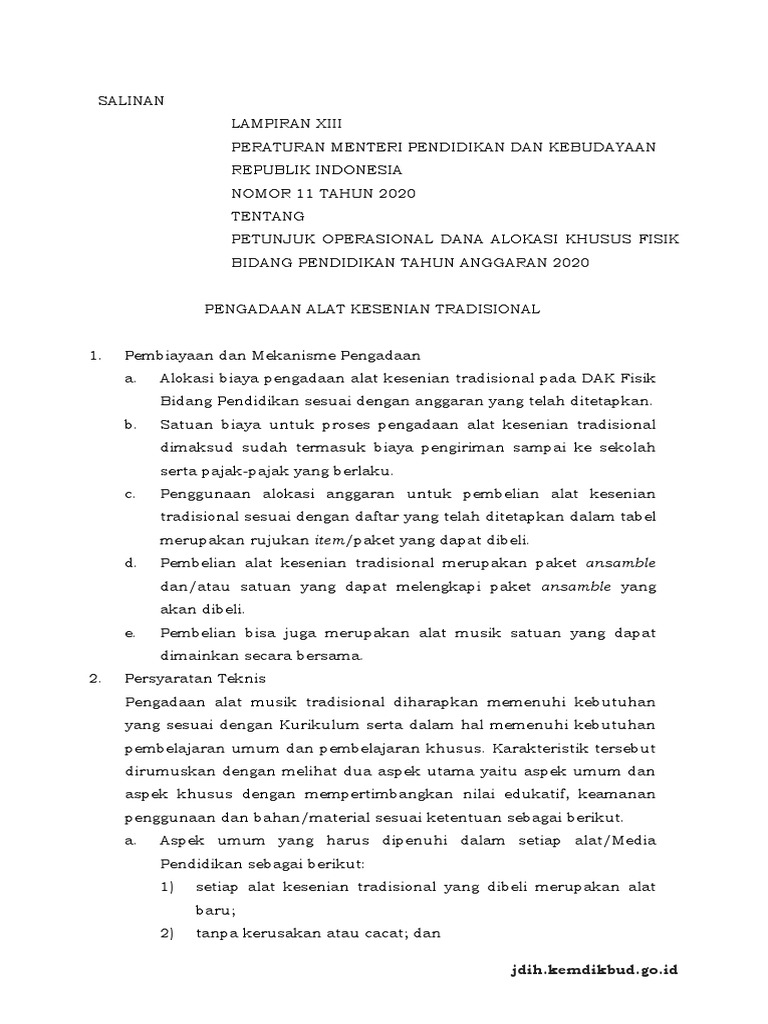 Permendikbud No 11 Tahun 2020 Lampiran Xiii | PDF