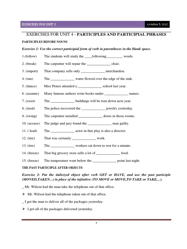 Unit 4 - Participles and Participle Phrases | PDF | Verb | Grammar