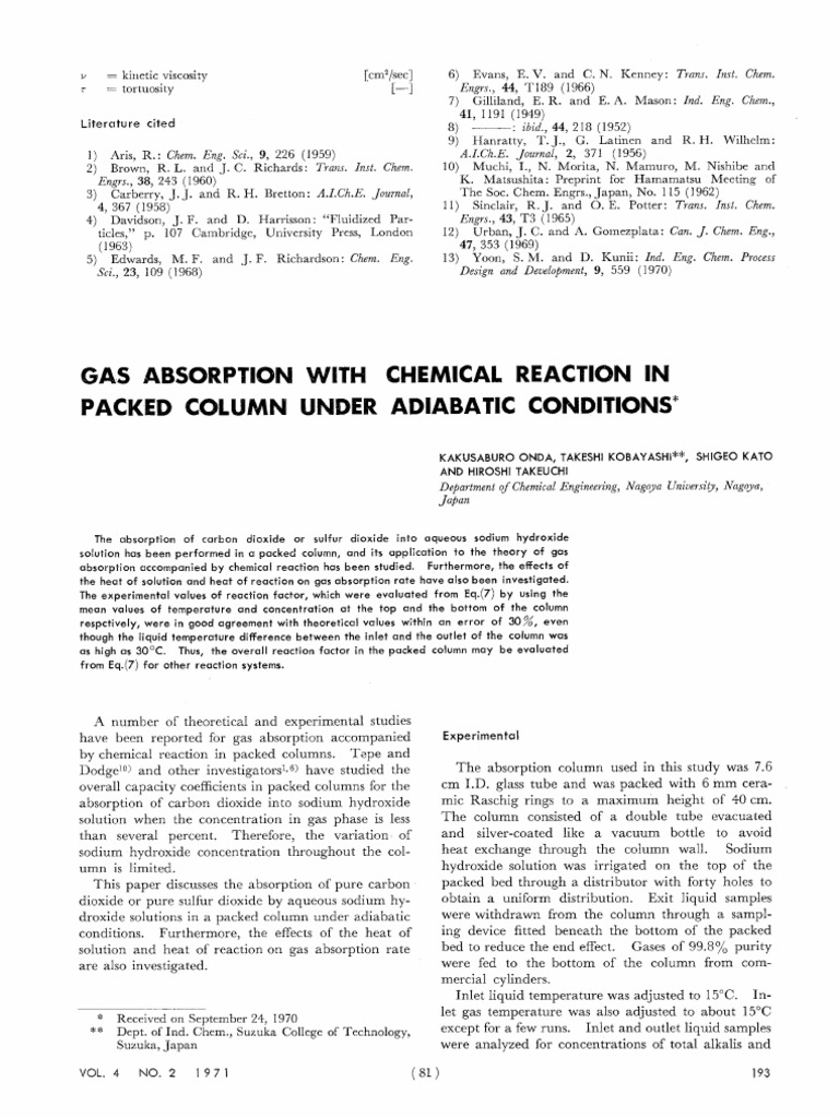 Gas Absorption With Chemical Reaction in Packed Column Under Adiabatic ...